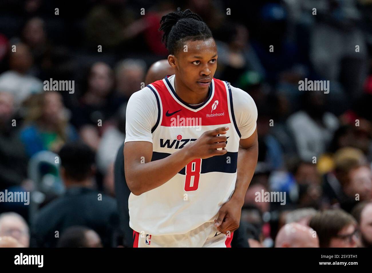 Washington Wizards guard Bub Carrington gestures after scoring a 3 ...