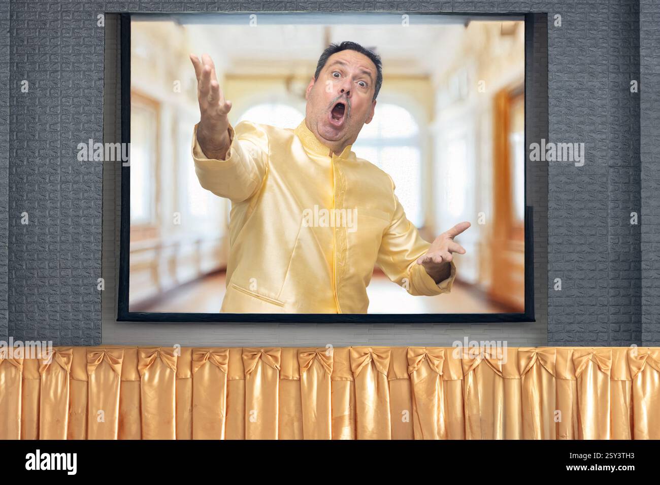 Opera singer sings arias at a projection in the hall Stock Photo - Alamy
