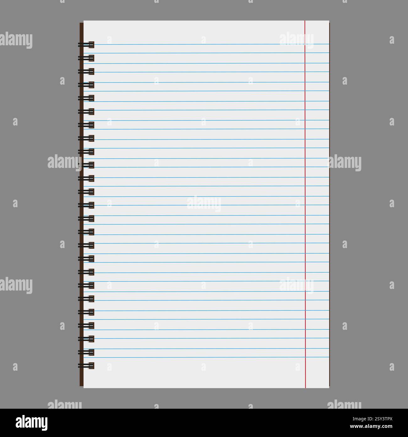 Spiral notebook page. Lined paper sheet. Blank ruled template. Writing pad illustration Stock ...