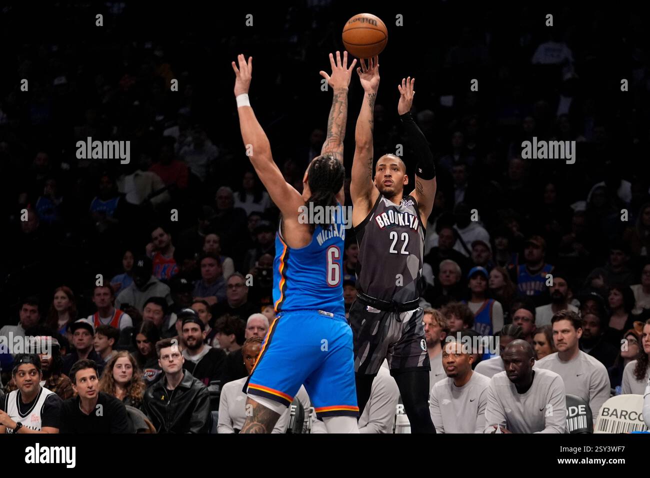 Brooklyn Nets' Jalen Wilson (22) shoots over Oklahoma City Thunder's ...