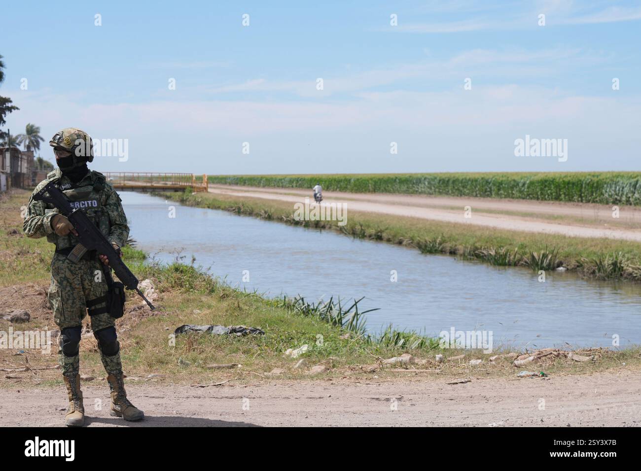 A soldier stands guard at a checkpoint on a highway in Villa Juarez ...
