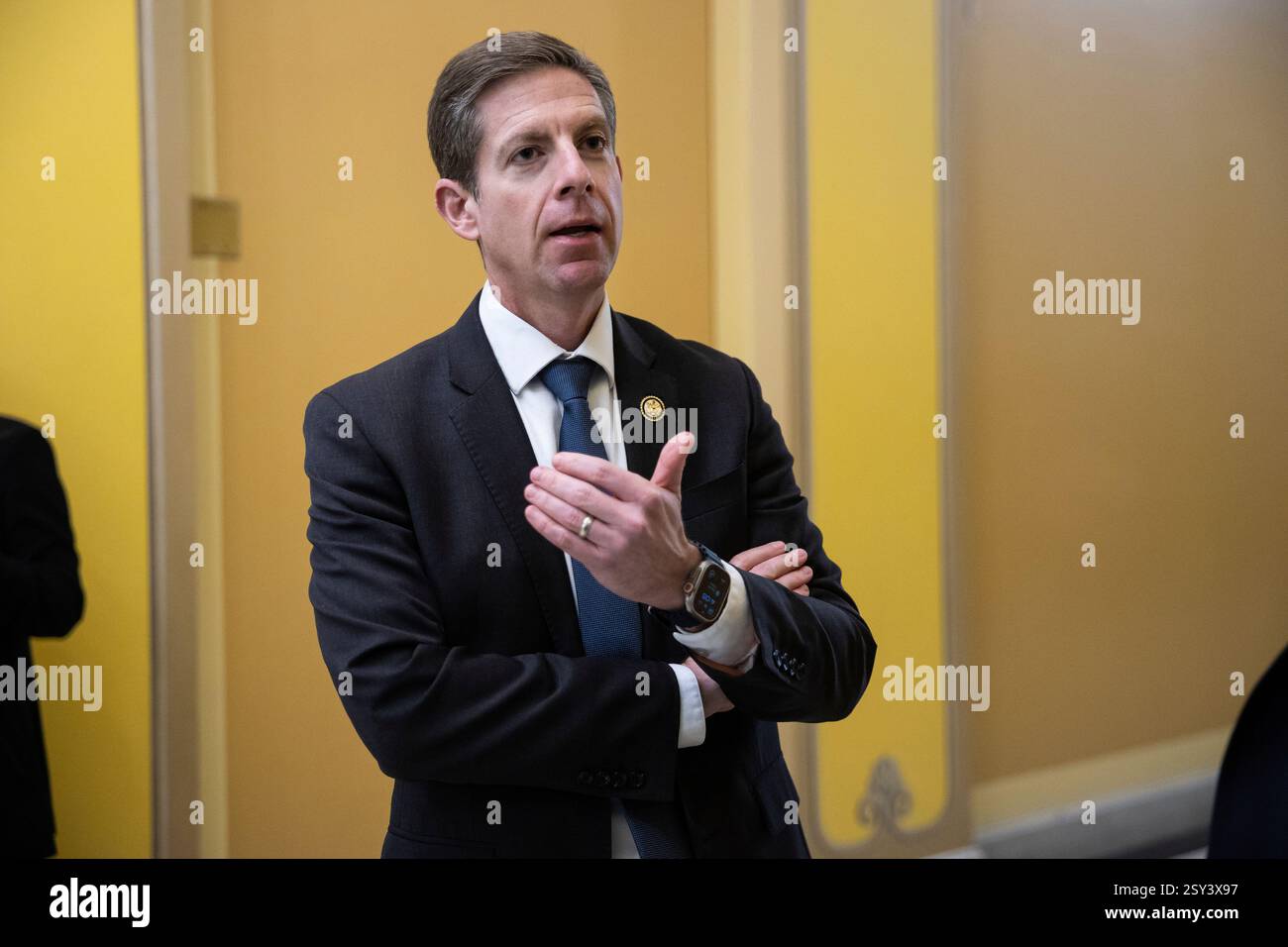 Rep. Mike Levin (D-Calif.) speaks with a reporter as he arrives for a ...