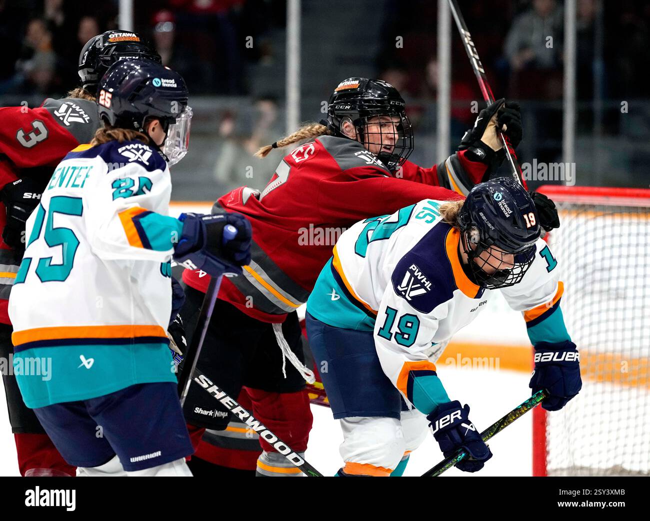 Ottawa Charge's Gabbie Hughes (17) checks New York Sirens' Paetyn Levis ...
