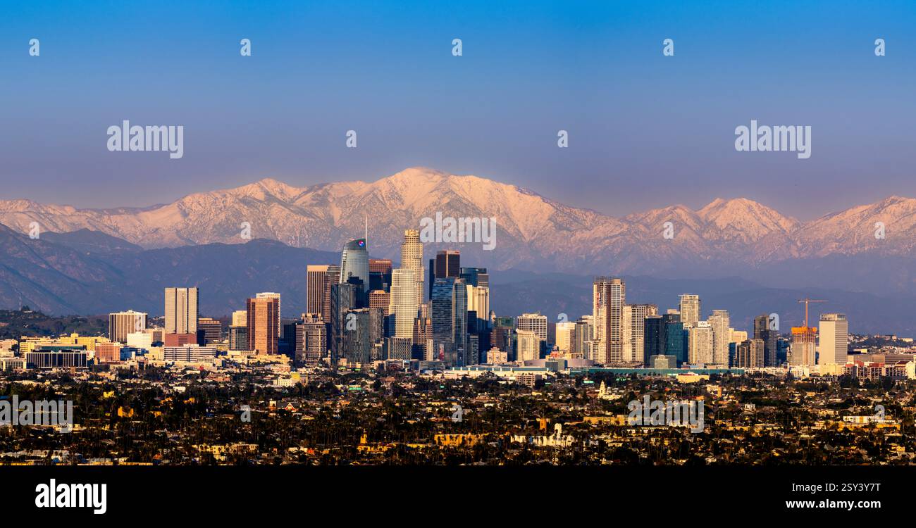Panoramic photograph of Downtown Los Angeles during Winter showing blue ...