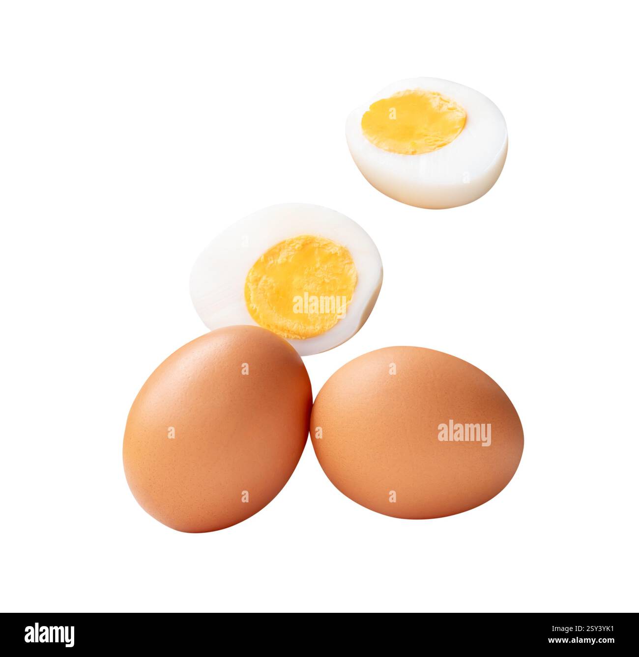 Top view set of two raw chicken eggs and cooked or boiled egg with egg ...
