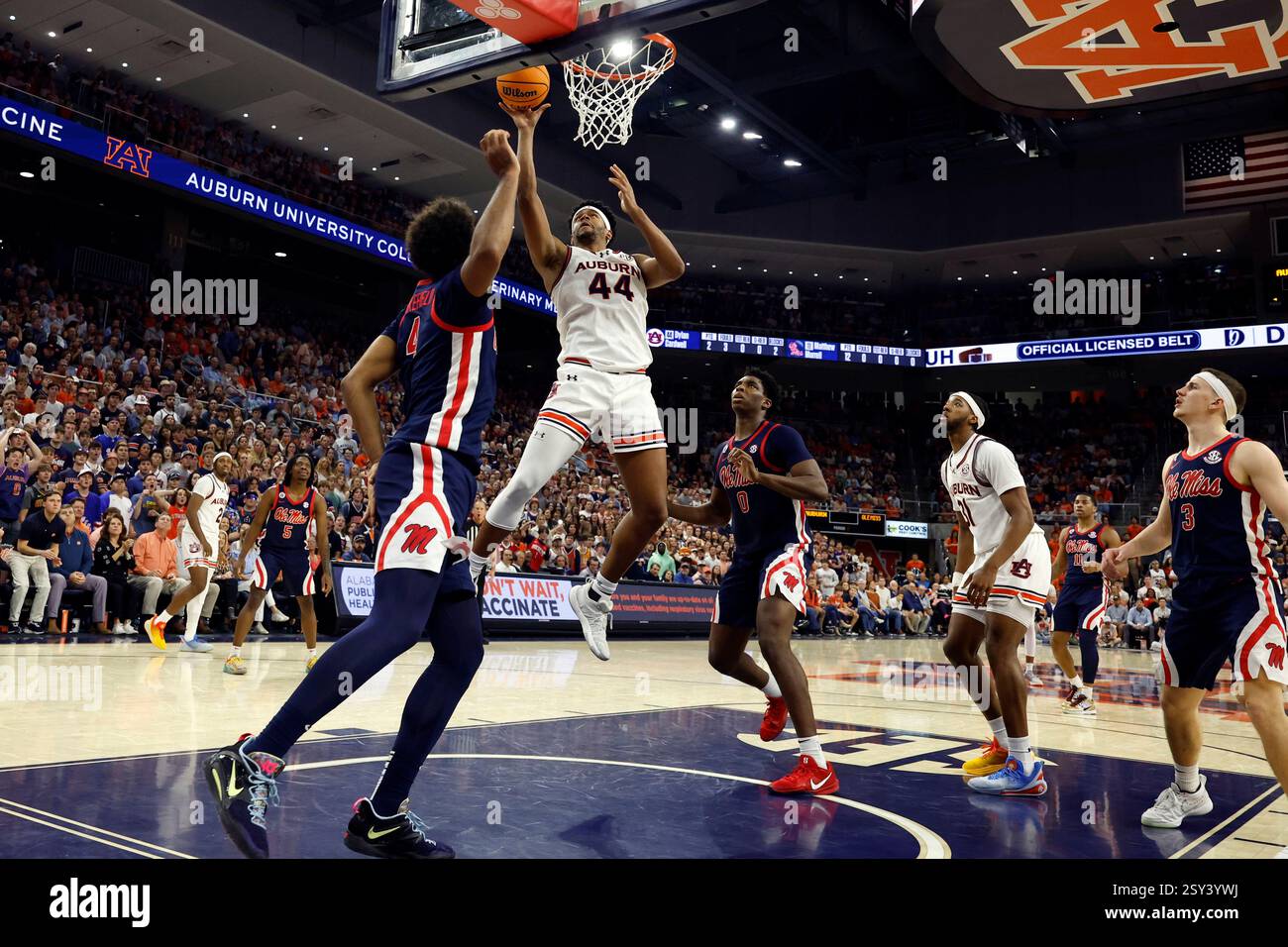 Auburn center Dylan Cardwell (44) lays in a basket against Mississippi ...