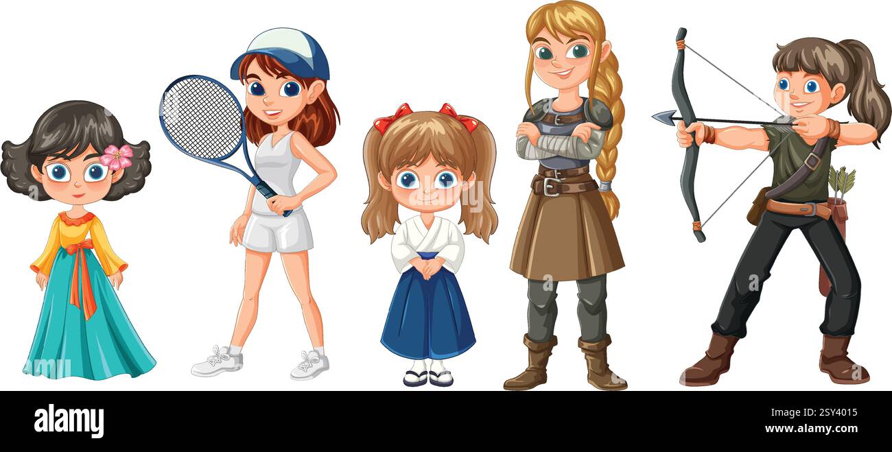 Five characters showcasing different styles and activities Stock Vector ...