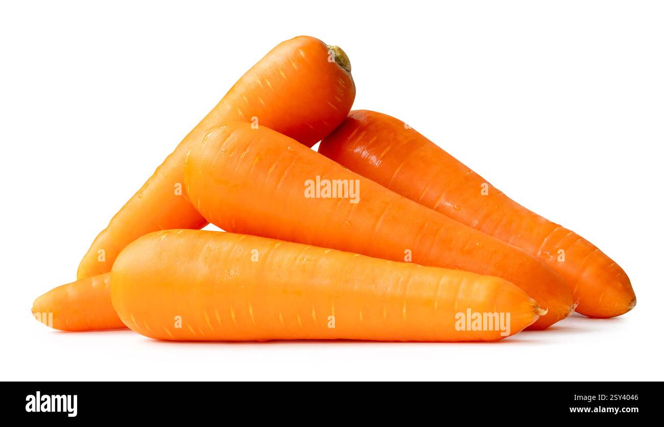 Side view of five fresh orange carrot roots in stack is isolated on ...