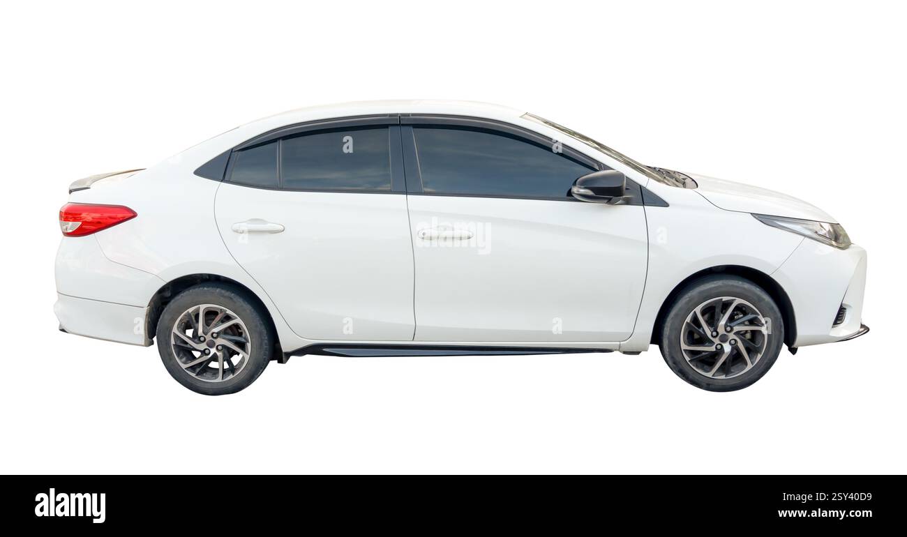 Side view of white sports sedan car is isolated on white background ...