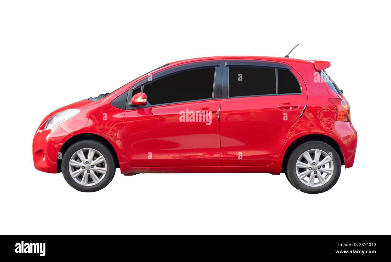Side view of mini or small red sports hatchback car is isolated on ...