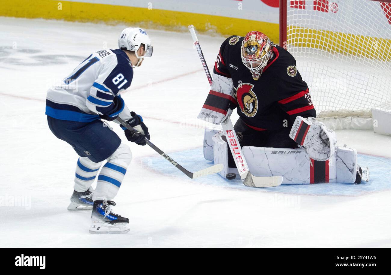 Ottawa Senators goaltender Linus Ullmark makes the save on Winnipeg ...