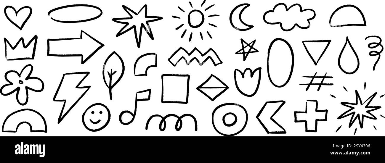 Black crayon hand drawn shape set. Paint brush scribbled element ...