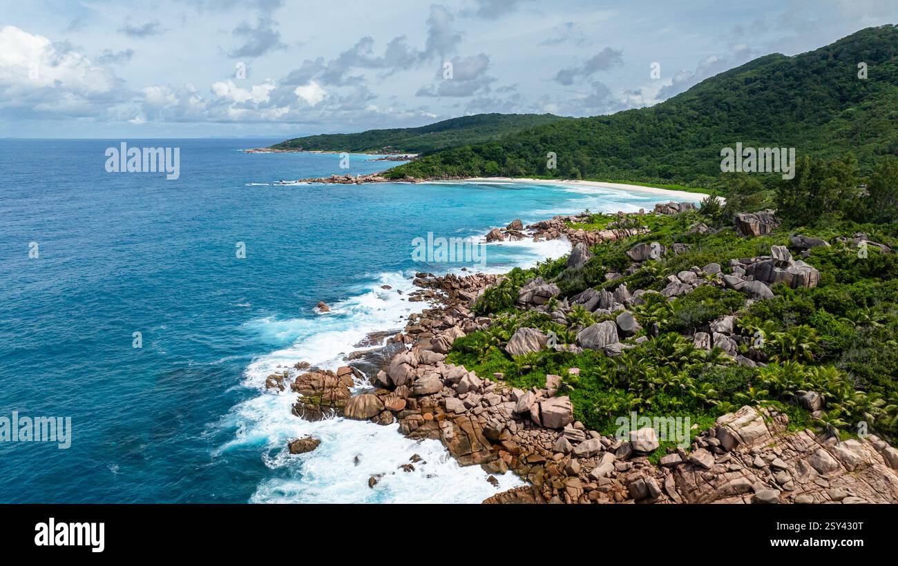 Rocky coast lined with dense greenery and tropical plants by the ocean ...