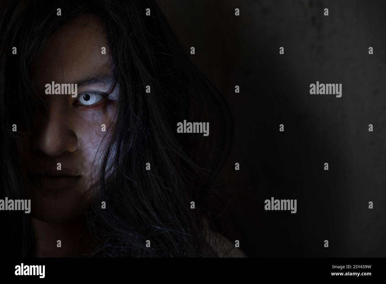 Scary ghost woman. Close up face of Asian woman ghost or zombie horror ...