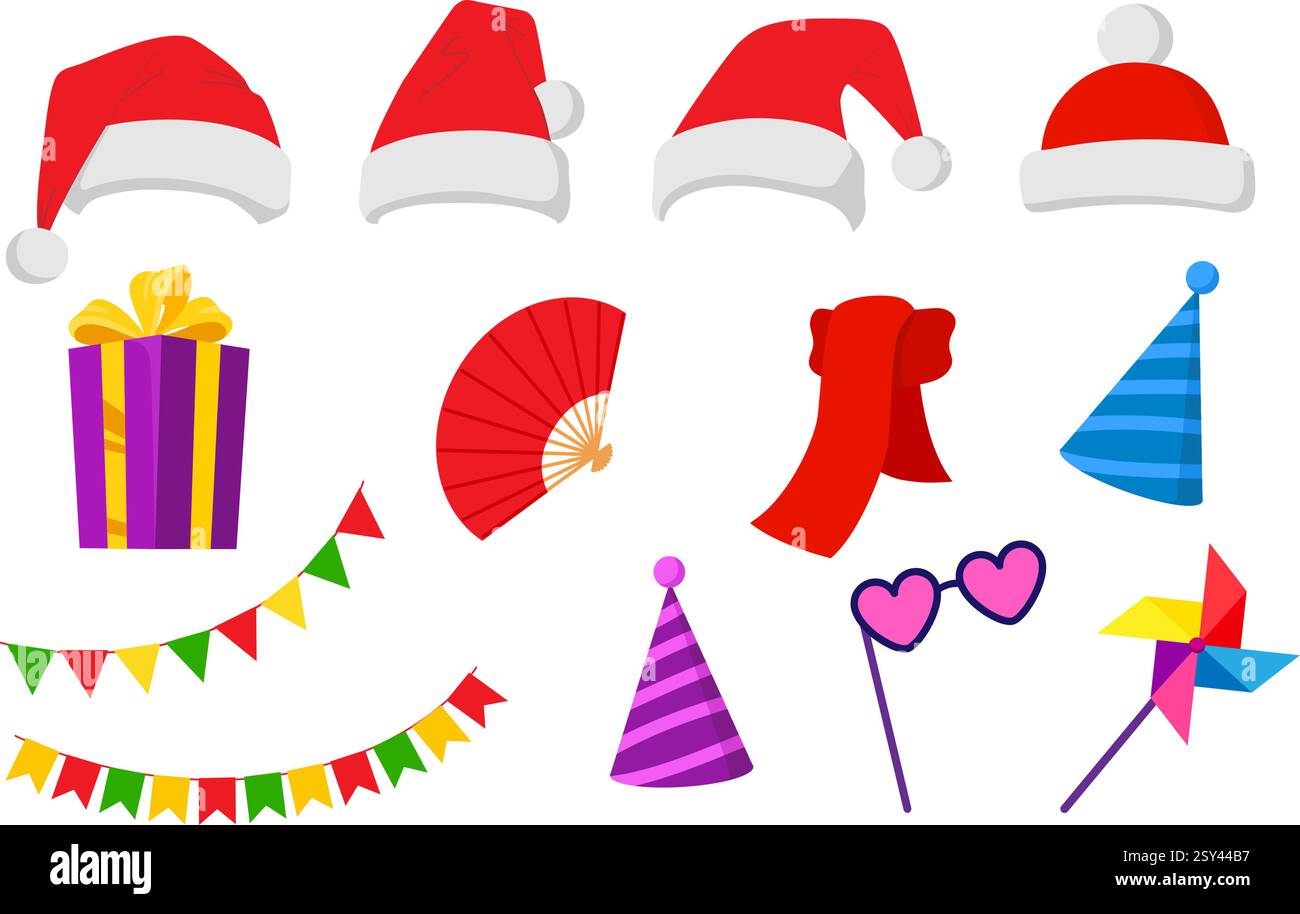 Holiday accessories, vector illustration set. Santa hat, heart-shaped ...