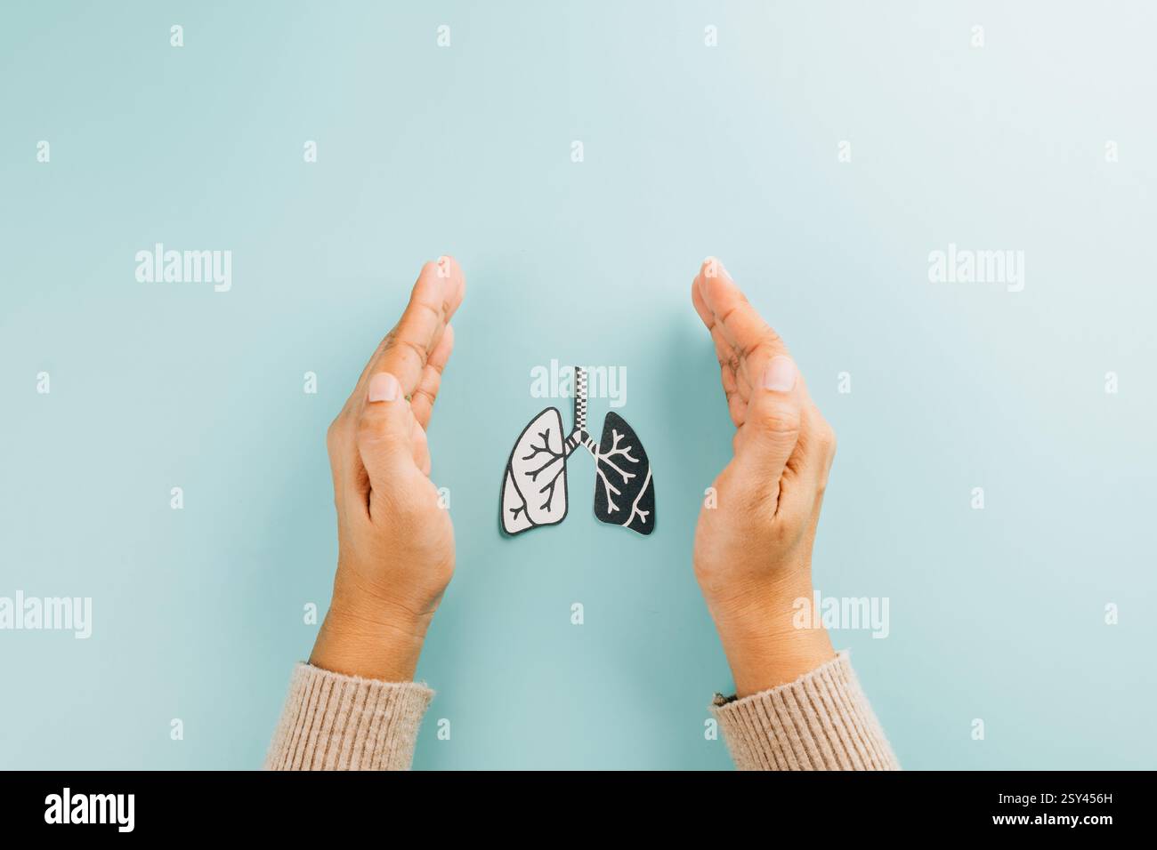 Two hands gently cover lungs paper for World TB Day on blue background ...