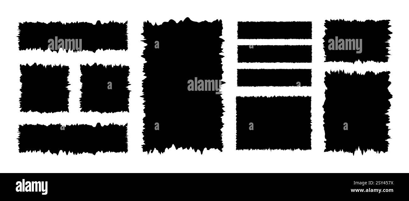 Jagged Rectangle shapes. Set of black grunge geometric frames. Ripped and cutout paper torn ...