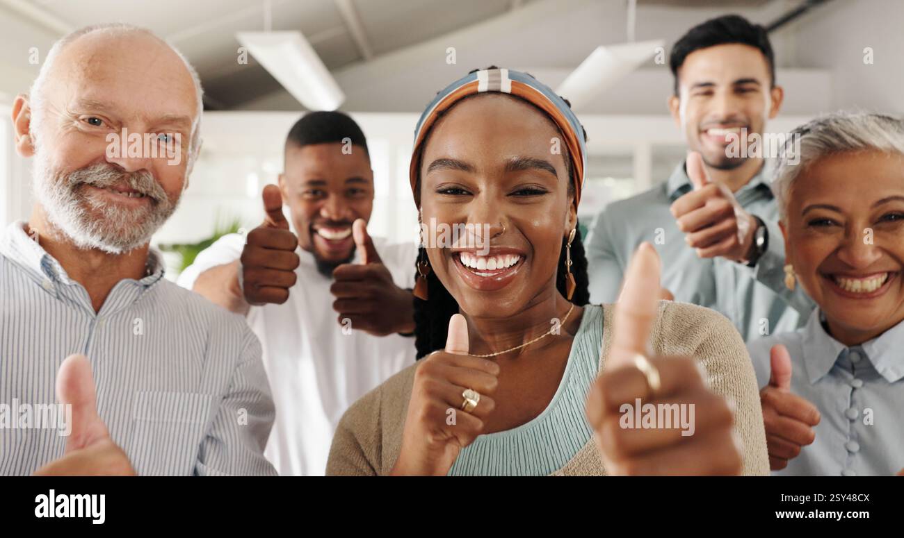 Business people, face and thumbs up for success, celebration and ...