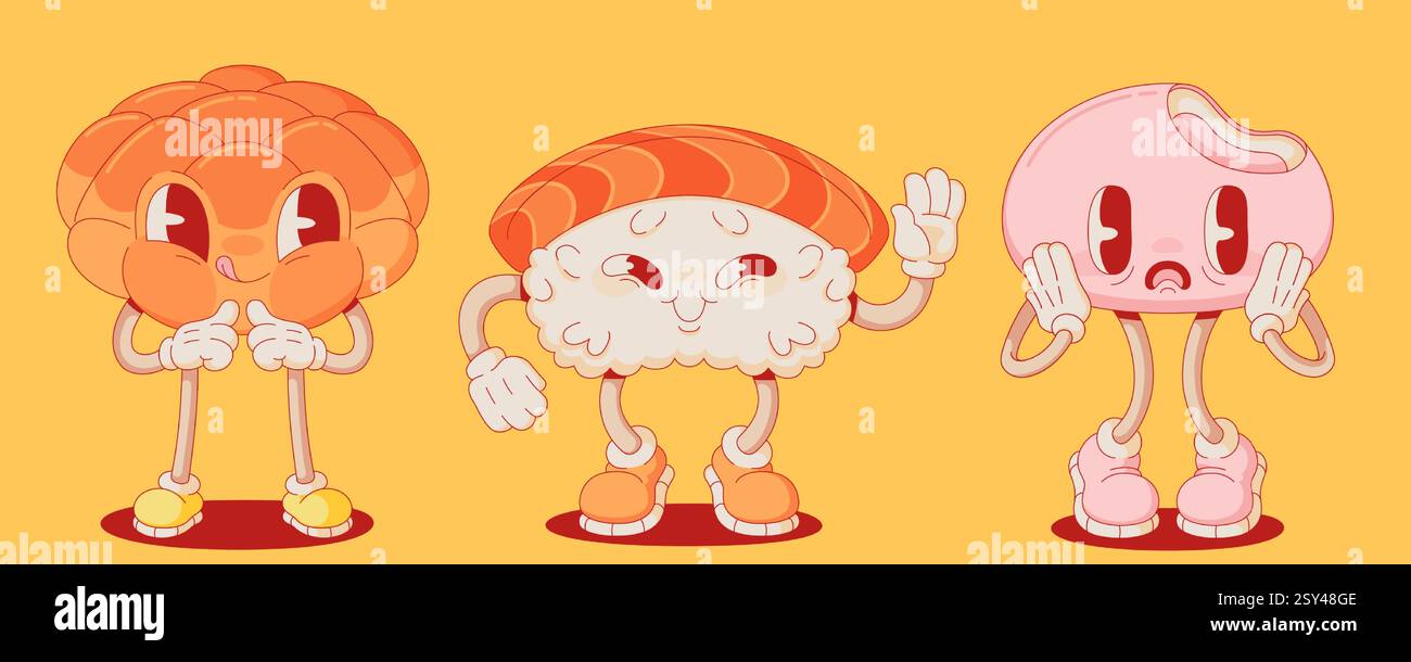 Retro Japanese food mascots set isolated on background. Contemporary ...