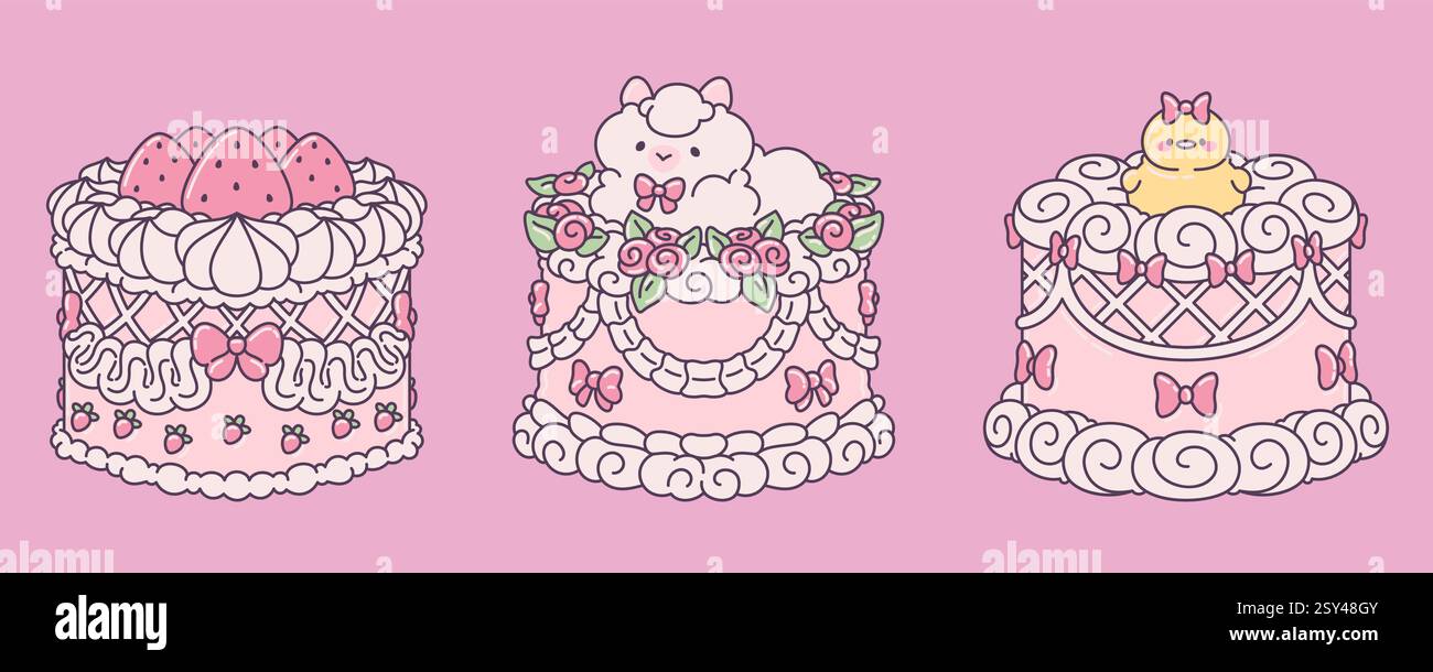 Vintage style decorated cakes set with cute bows, roses and piping ...