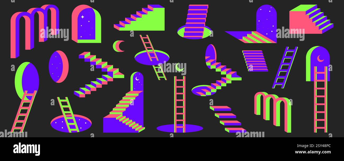 Retro neon ladders and staircases with arch windows and oval holes on ...