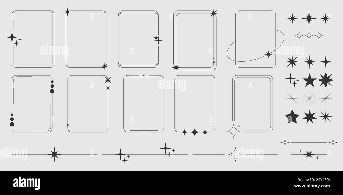 Y2k minimalist frames collection with star decorations and sparkle elements. Simple rectangular ...