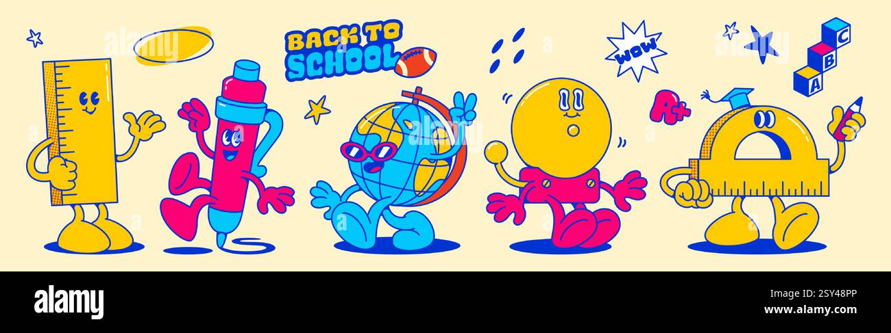 Groovy school cartoon characters in bright colors. Animated stationery ...