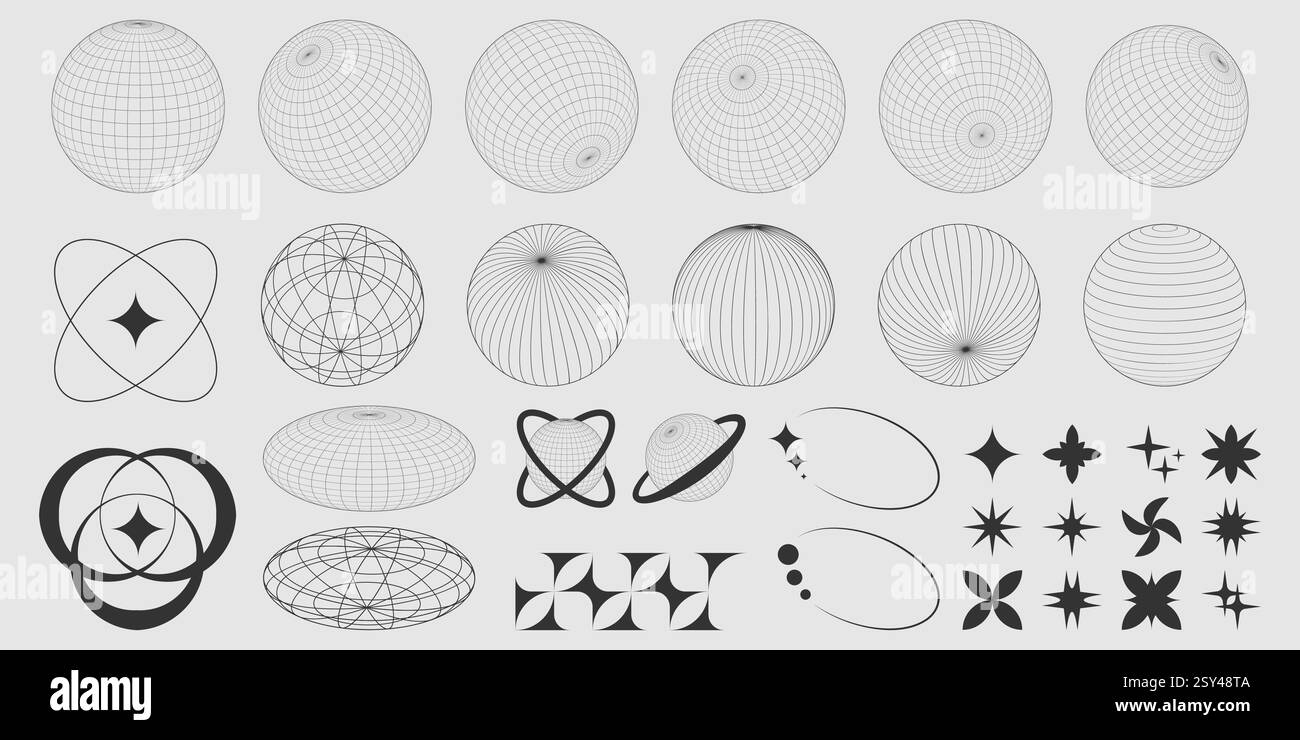 Collection of vector globe shapes and 90s style retro graphic elements ...