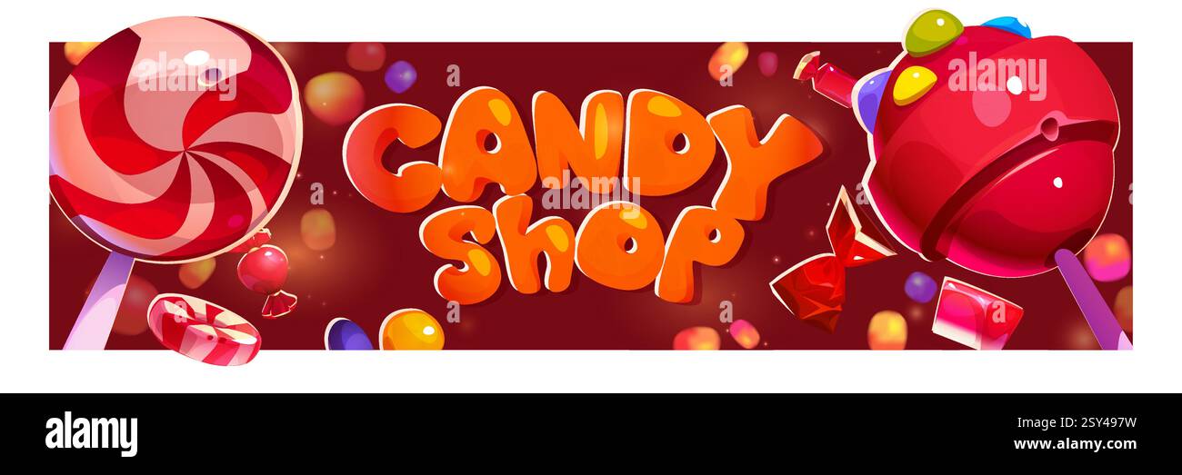 Candy shop banner with bright orange bubble letters, spiral lollipop ...