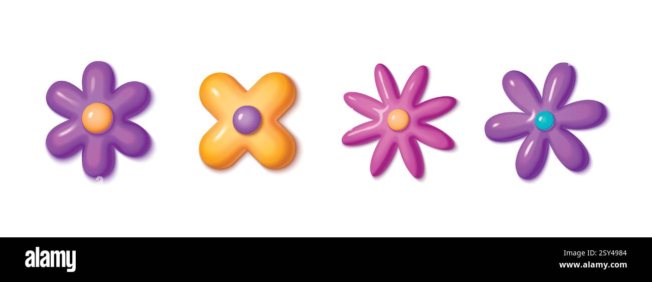 Y2k color flowers set isolated on white background. Vector realistic ...