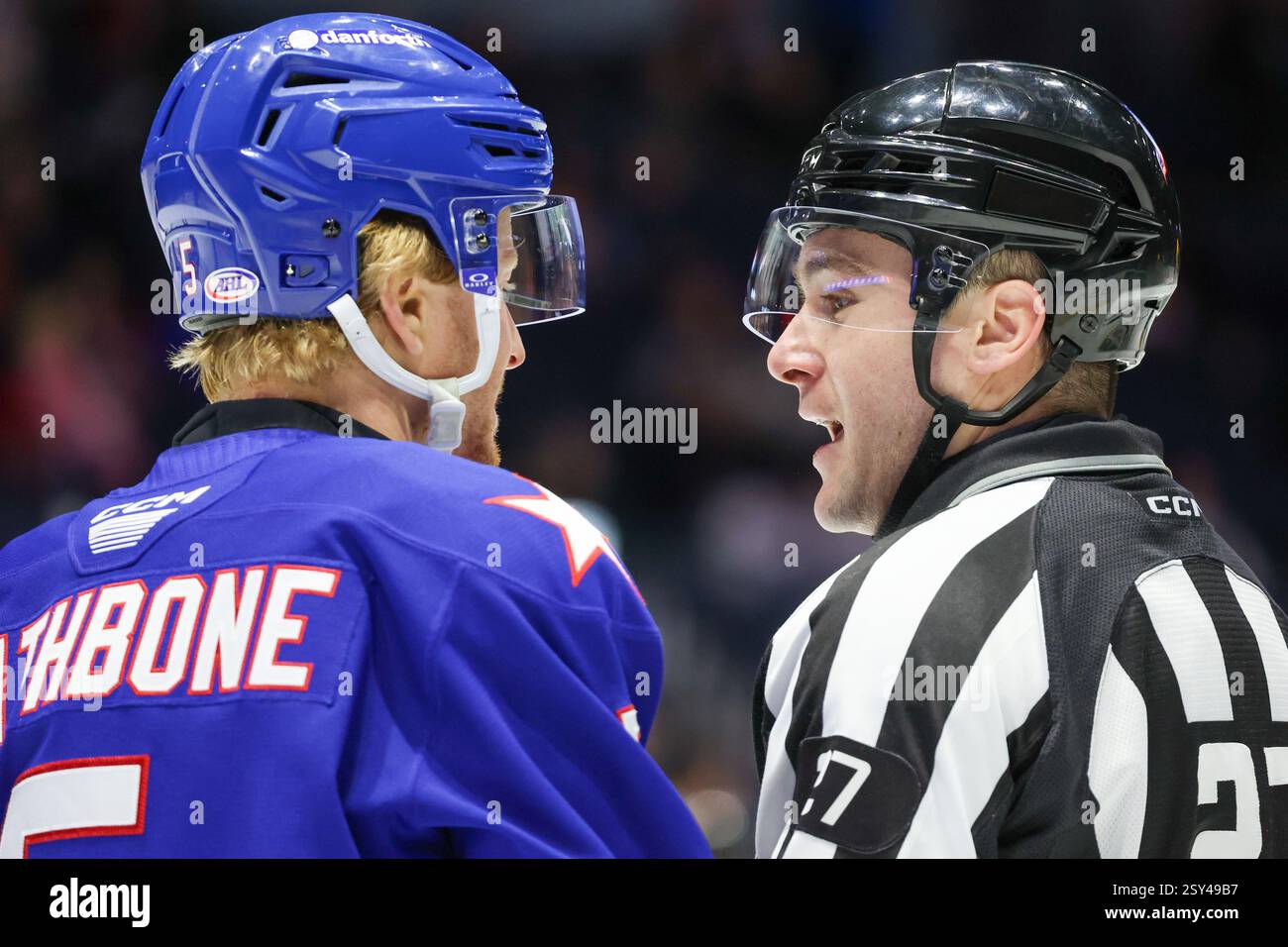 Rochester, New York, USA. 26th Feb, 2025. Linesman TJ Dockery (27 ...