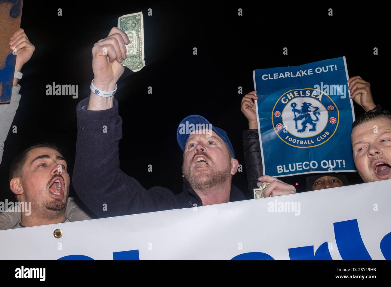 Chelsea FC supporters hold a demonstration outside Stamford Bridge ...