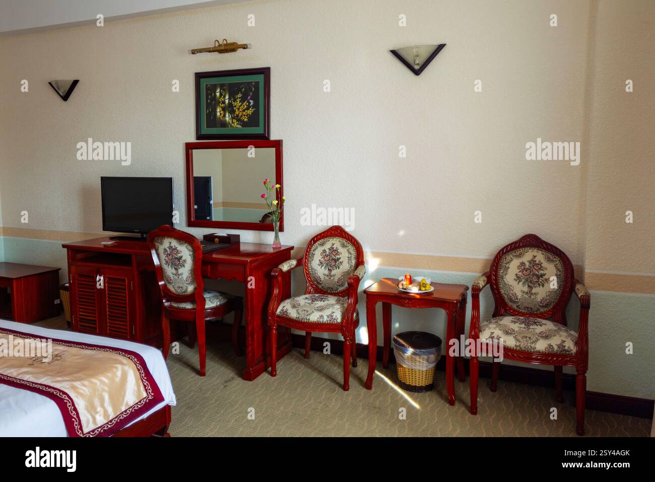 writing desk mirror three embroidered cloth chairs tv flowers rose wood ...