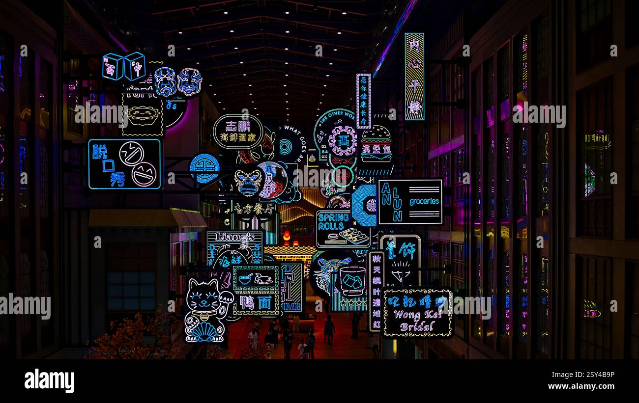 Vibrant neon-lit street in an Asian night market, featuring glowing ...