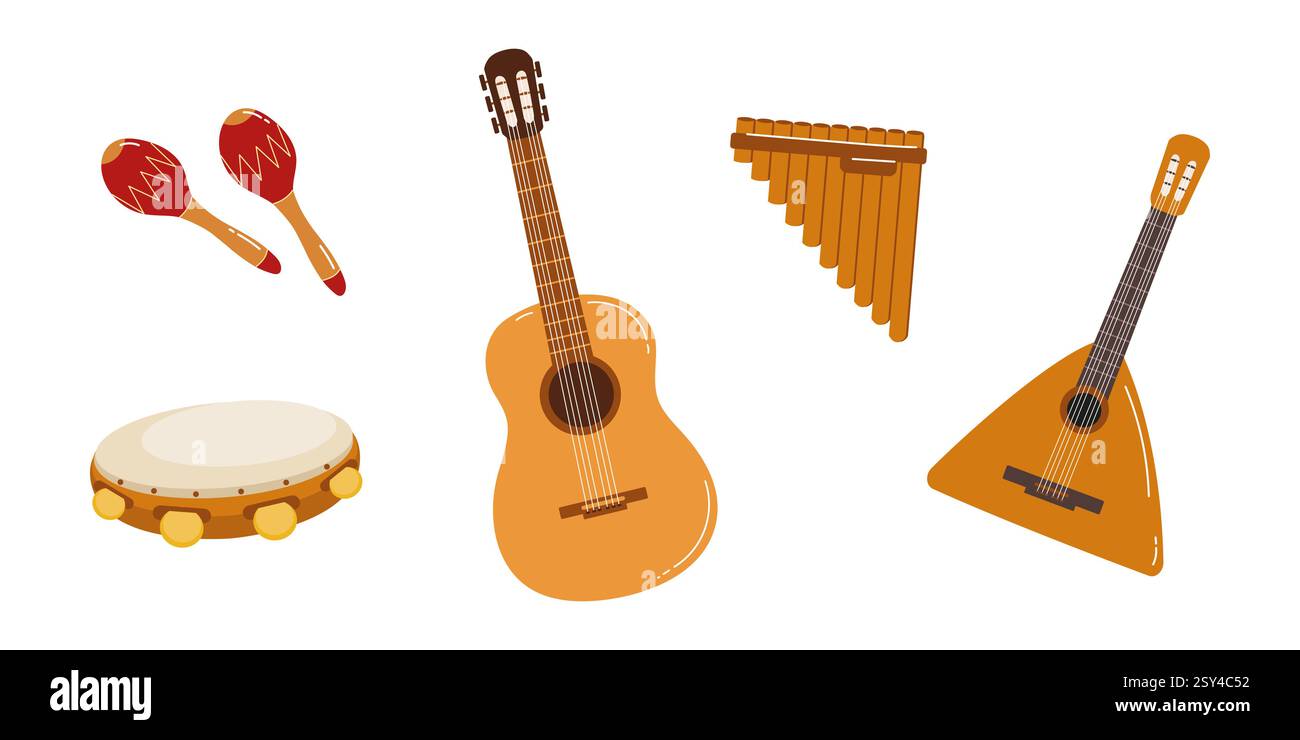 Various traditional musical instruments are arranged on a white ...
