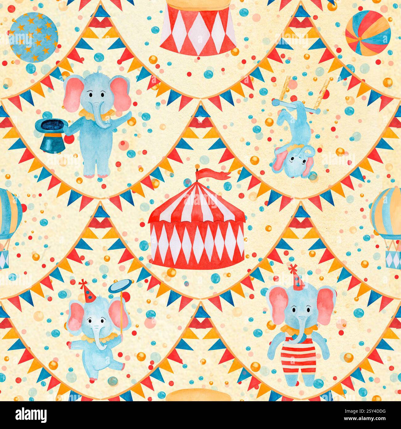 Seamless pattern watercolor hand drawn cartoon elephants: illusionist ...