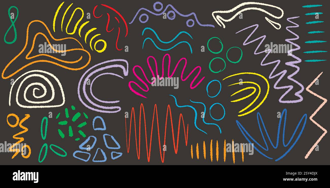 Playful colorful grunge abstract shapes set. Wavy lines, zigzag ...