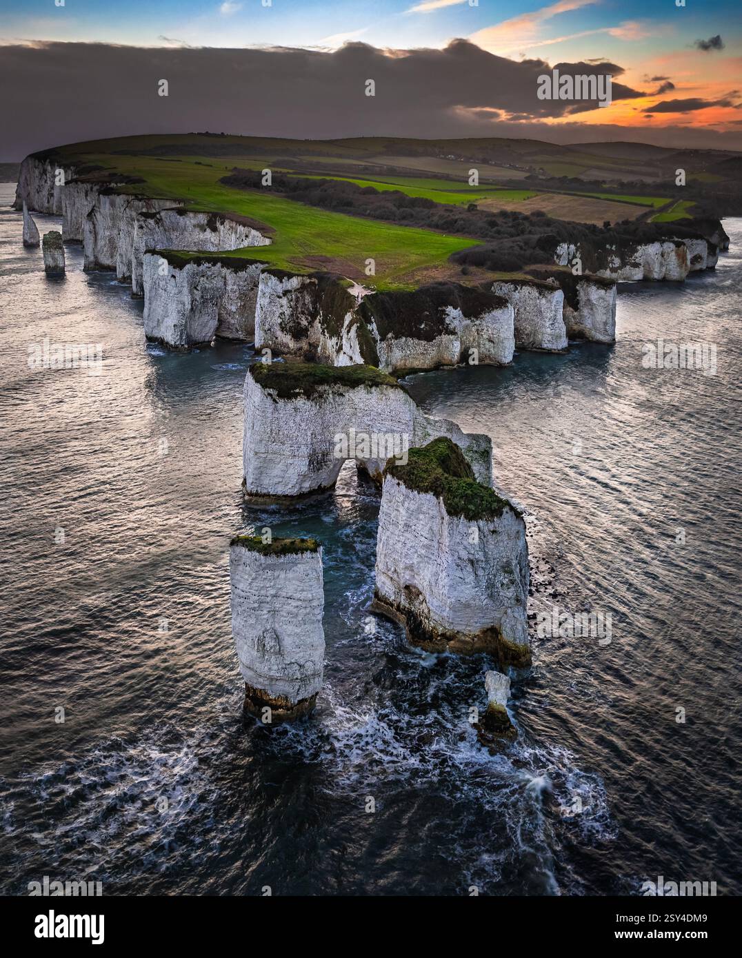 Studland, Dorset, UK - Aerial vertical view of Old Harry Rocks white ...