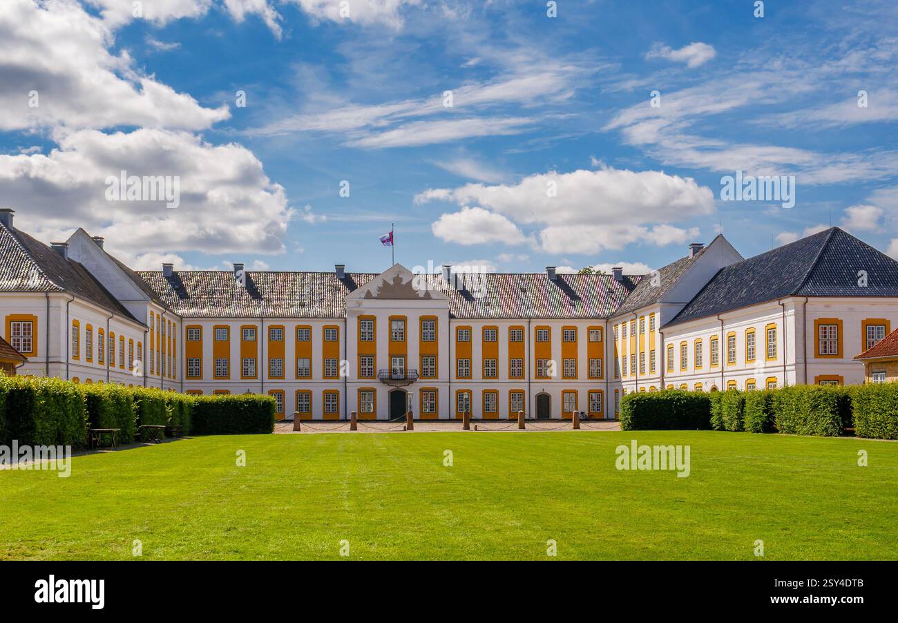 View of symmetrical three-winged Baroque facade of Augustenborg Palace ...