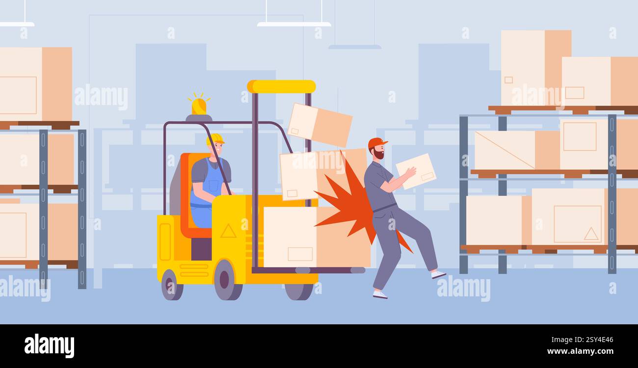 Warehouse accident. Forklift driver with pallet box freight hitting ...
