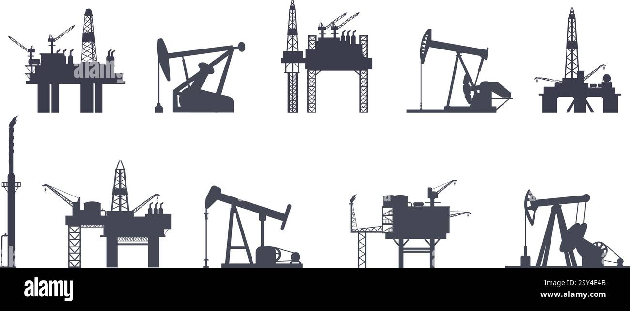 Oil platform silhouette. Petroleum rig sea platforms, gas fuel industry ...
