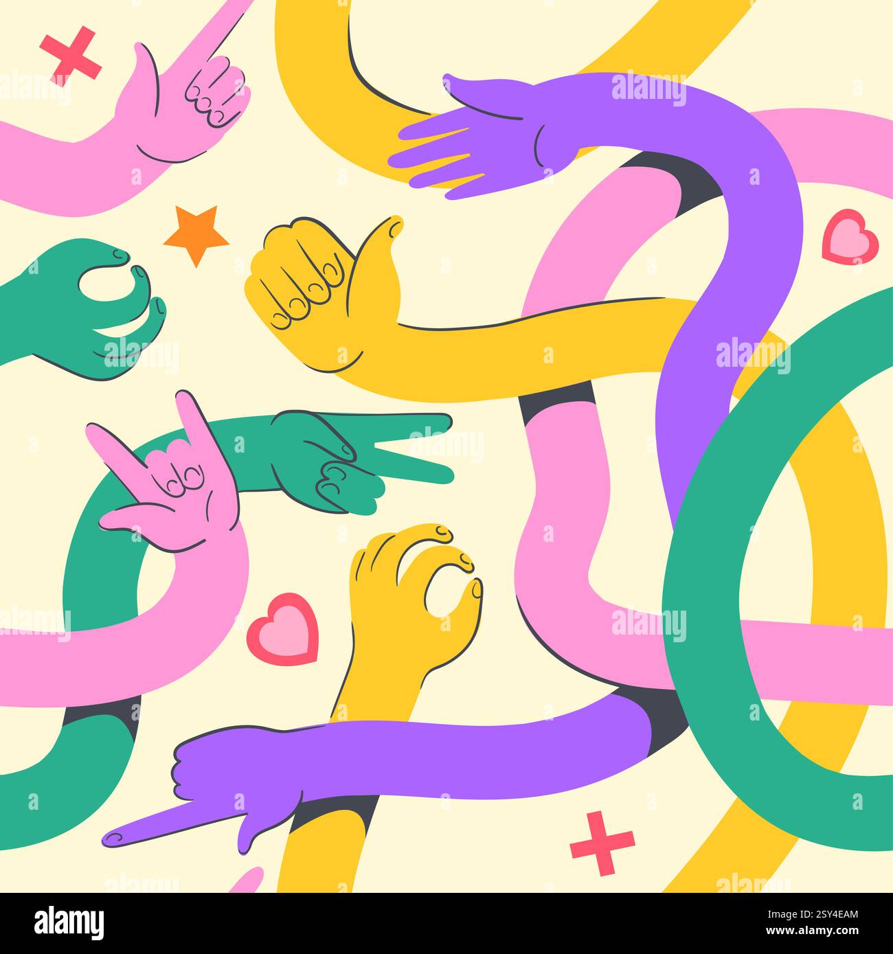 Flexible hands pattern. Cartoon long elastic hand different gestures thumbs up like finger point ...