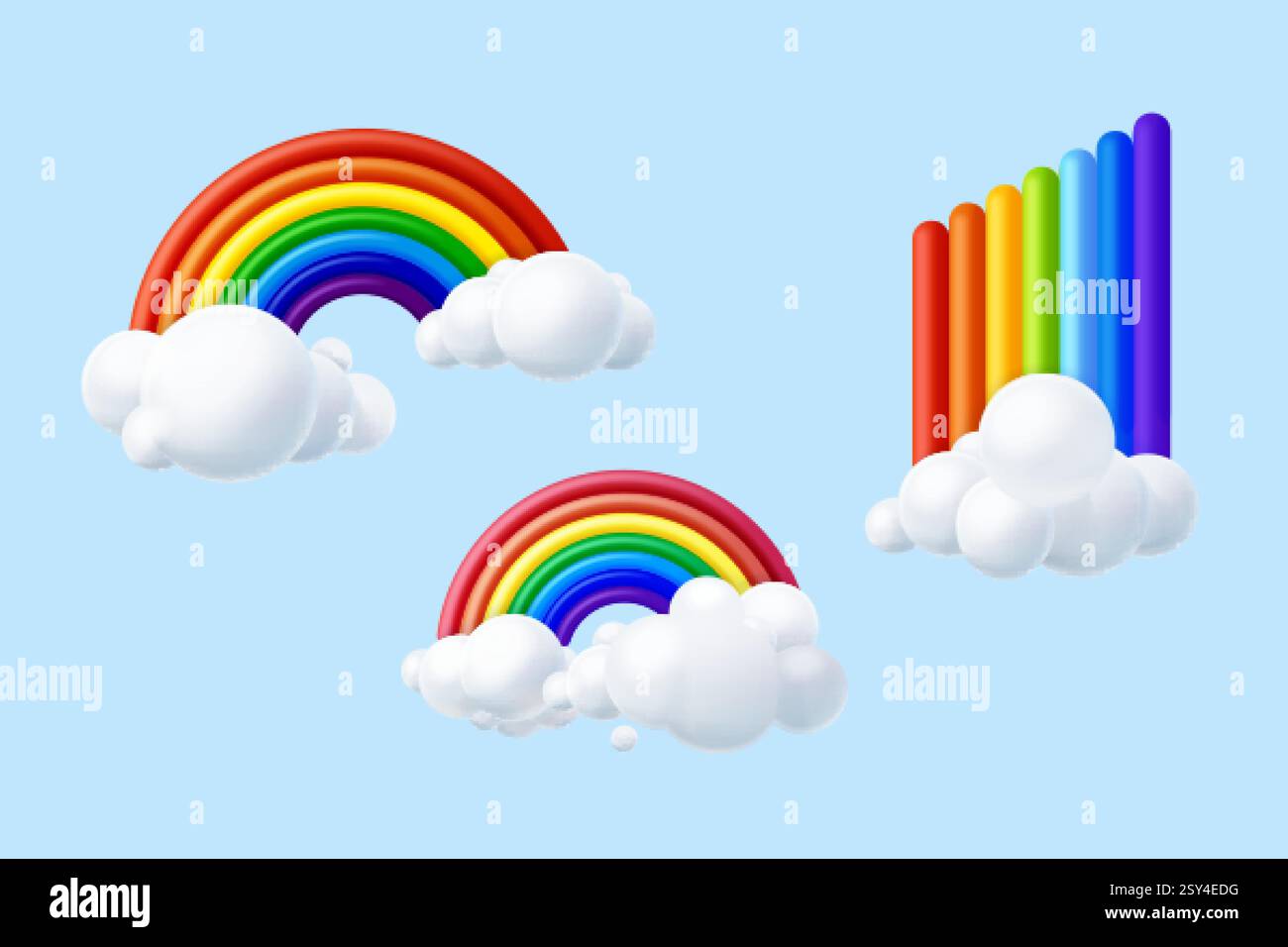 3d rainbow clouds. Render plasticine rainbows clay cloud, spring ...