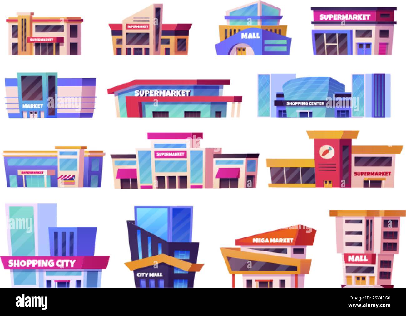 Cartoon mall buildings. Shopping centers, supermarket building outside exterior big hypermarket ...