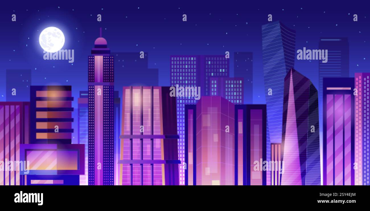 Cartoon night cityscape. Urban buildings dark street scene, downtown ...