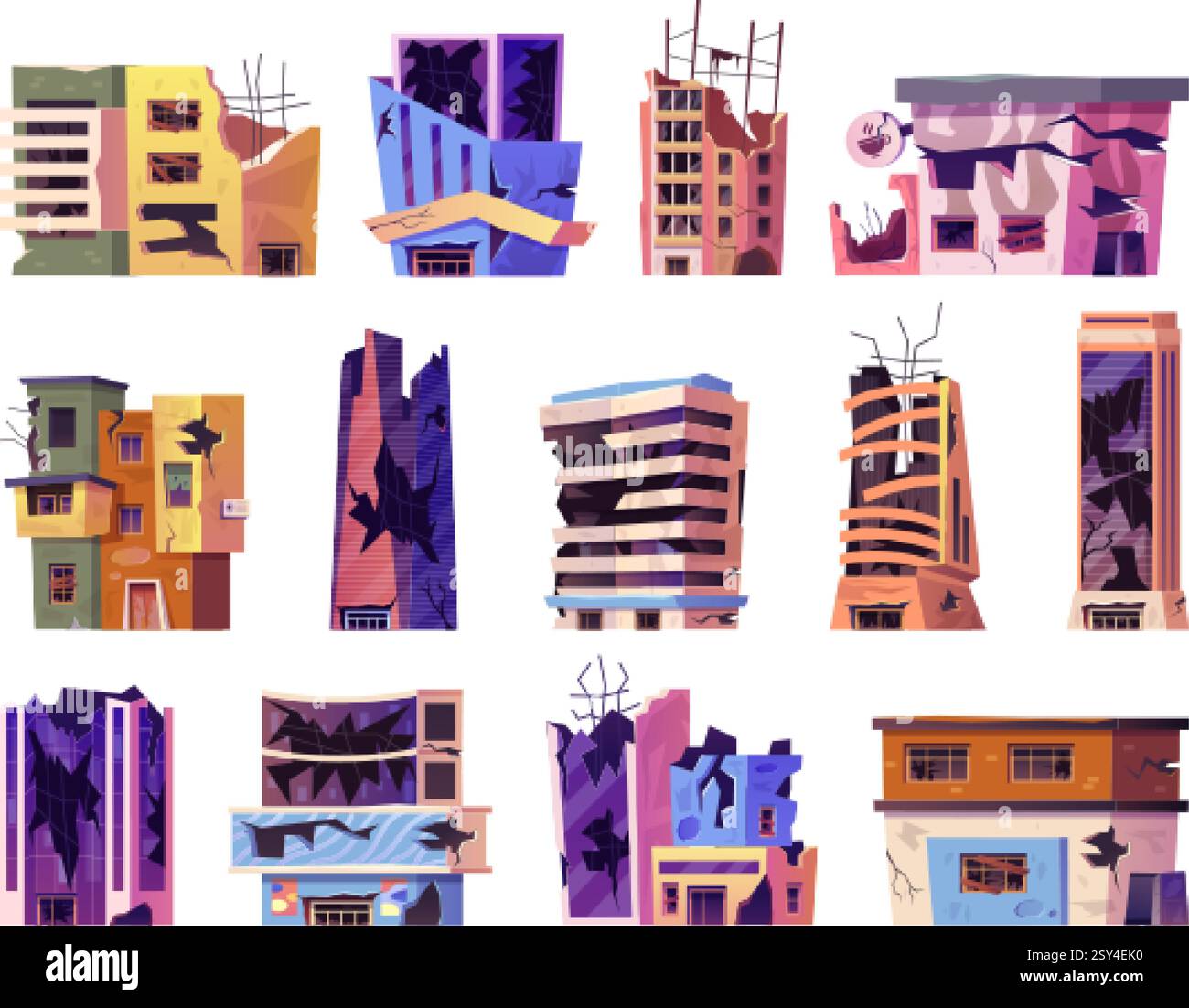 Cartoon ruined buildings. Broken houses, abandoned demolition building debris construction city ...
