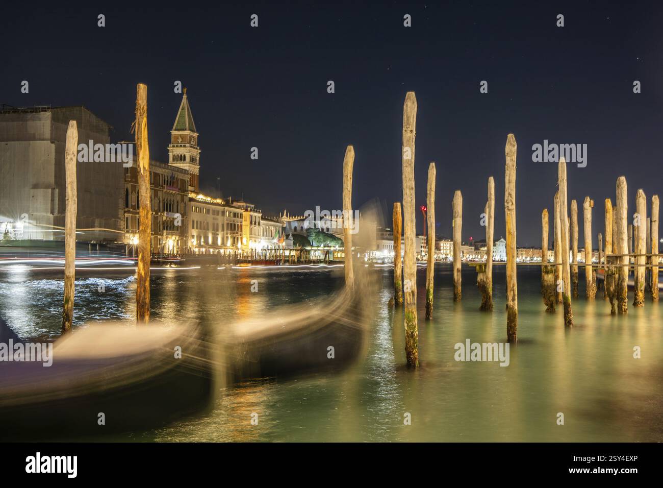 Venetian gondolas, boat dock at the customs office on the Grand Canal ...