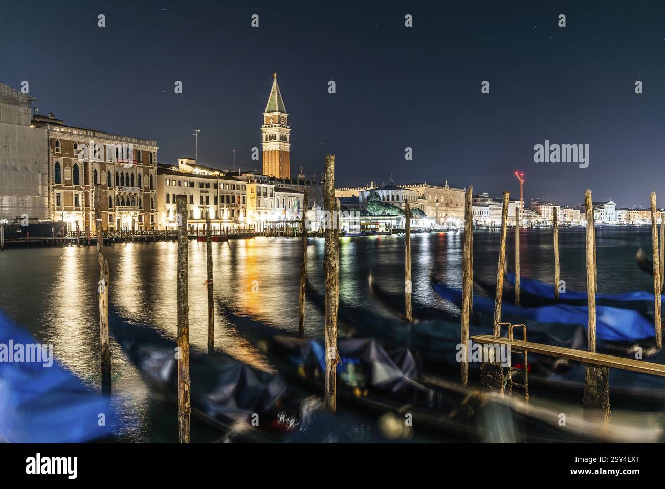 Venetian gondolas, boat dock at the customs office on the Grand Canal ...