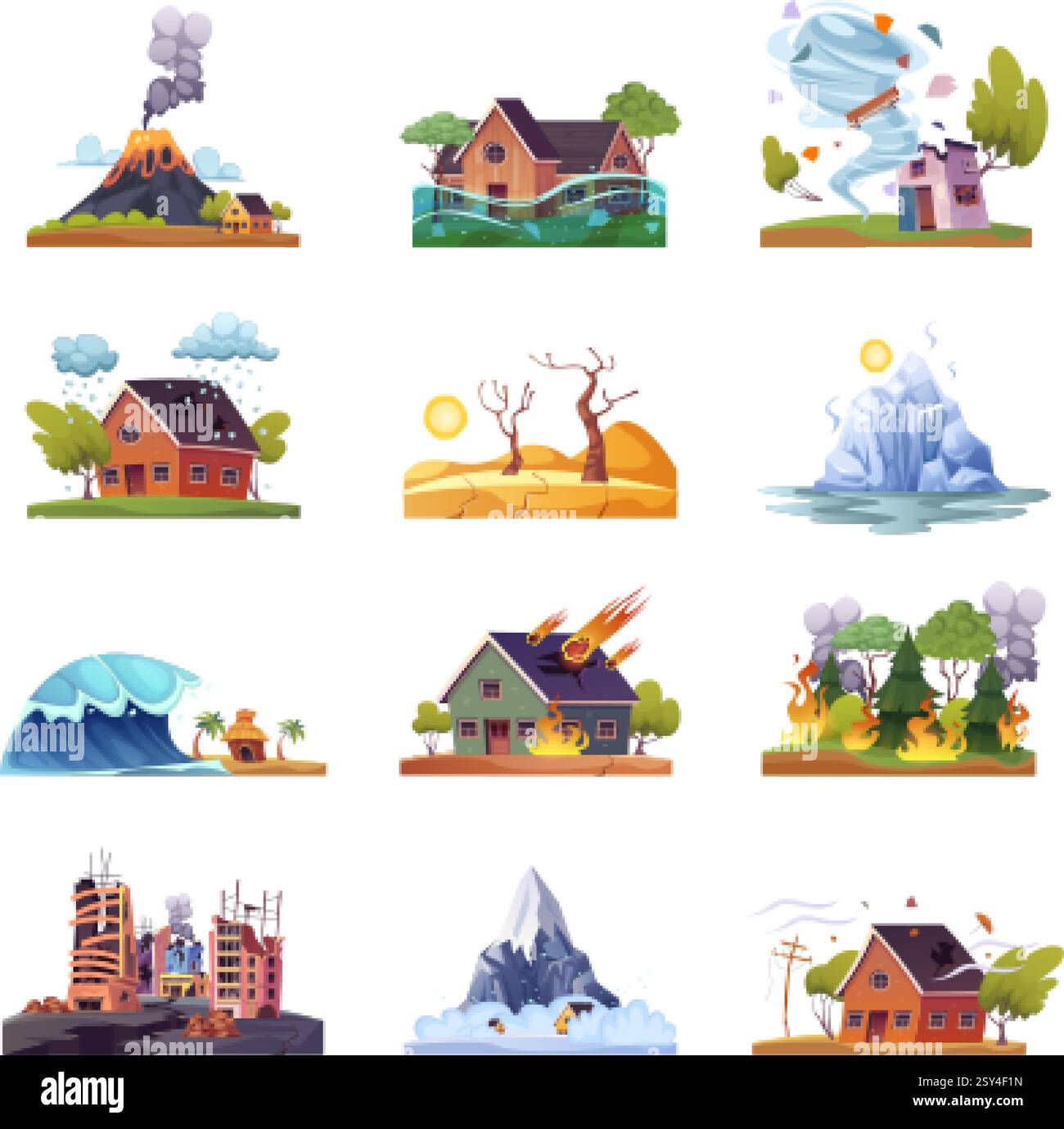 Cartoon natural disasters. Nature weather calamity, global warming ...