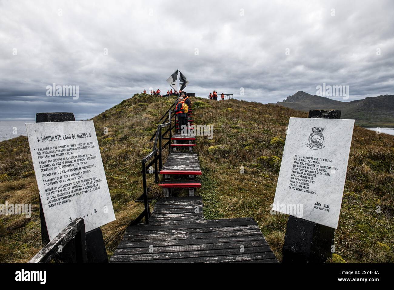 Wooden plank path to the Monumento Cape Horn, a stylised albatross by ...